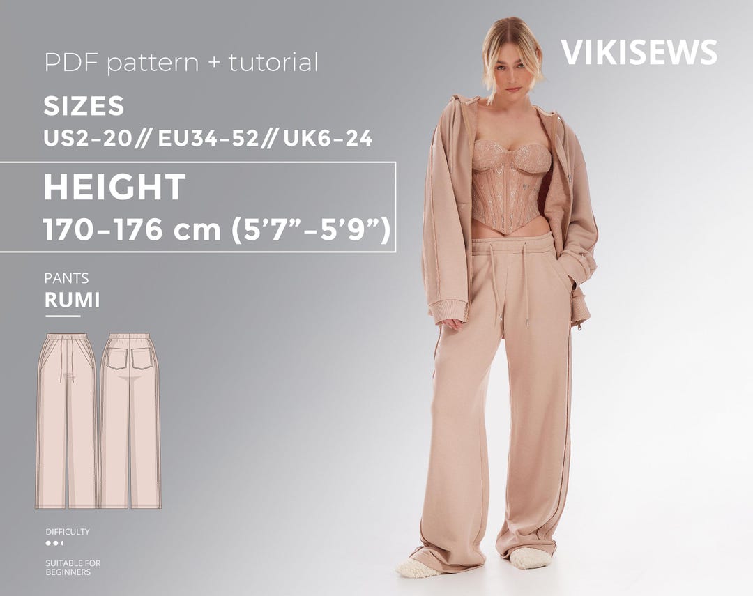 Rumi Pants PDF Sewing Pattern With Tutorial, Size EU34-EU52 for 170-176 ...