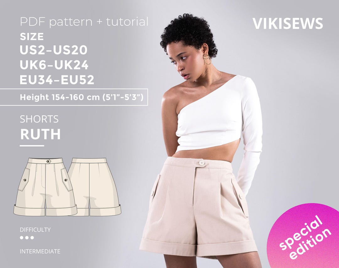 High Waisted Mini Shorts Sewing Pattern Ruth 154-160 Height US2-20 ...