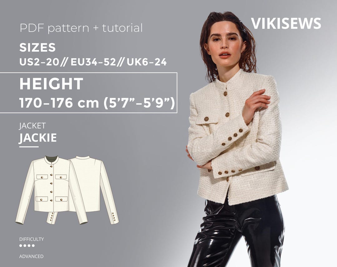 Jacket PDF Sewing Pattern With Tutorial Jackie, Size EU34-EU52 for 170-176 Cm Height - Etsy