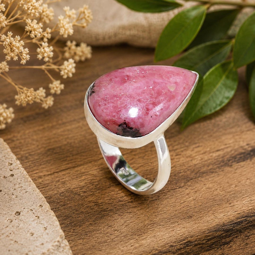 925 Sterling Silver Rhodonite Ring – Teardrop Pink Gemstone Statement ...