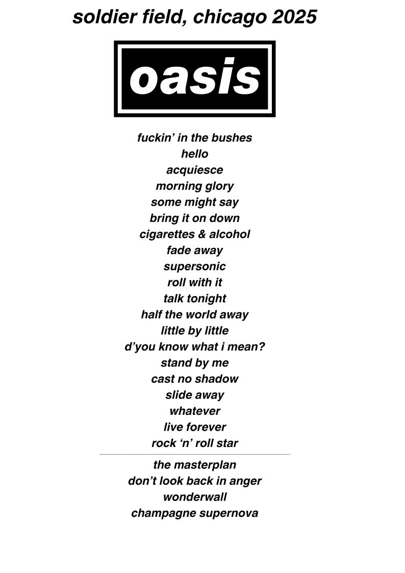 Oasis 2025 Tour Setlist Poster Soldier Field Chicago - Etsy
