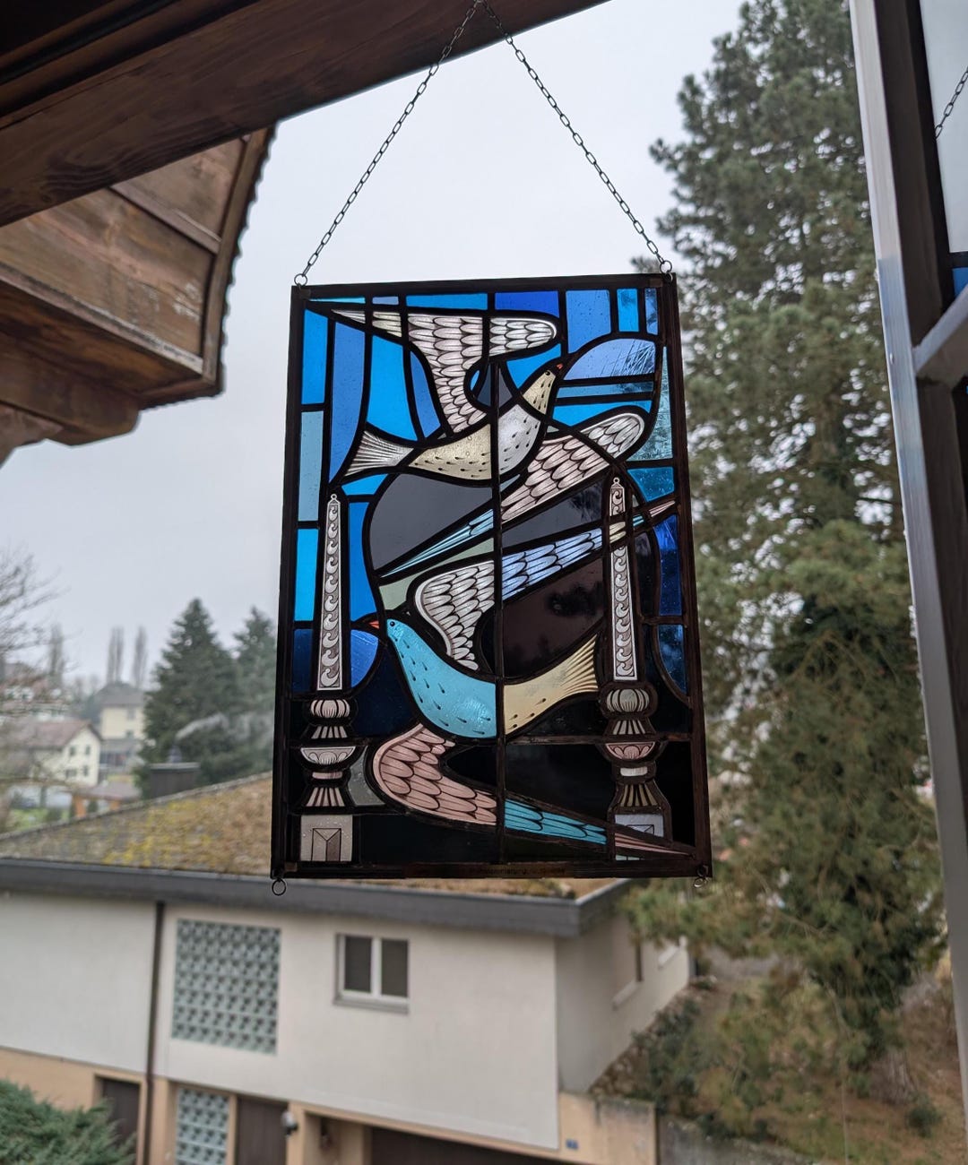 Vintage Swiss Stained Glass Panel, White Birds Tiffany Style, Max ...