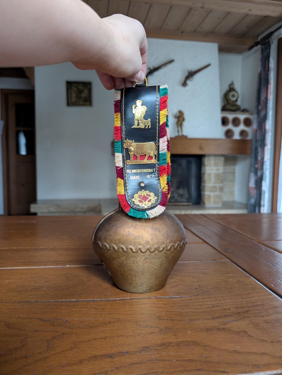 Antique Swiss Cowbell With Decorative Embroidered Leather Strap and 2nd ...