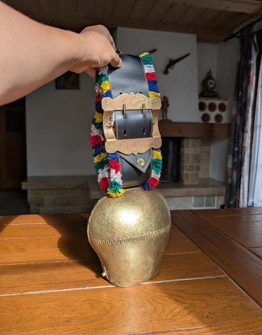 XXL Swiss Brass Cowbell: Black Leather Strap, Colorful Fringe - Etsy