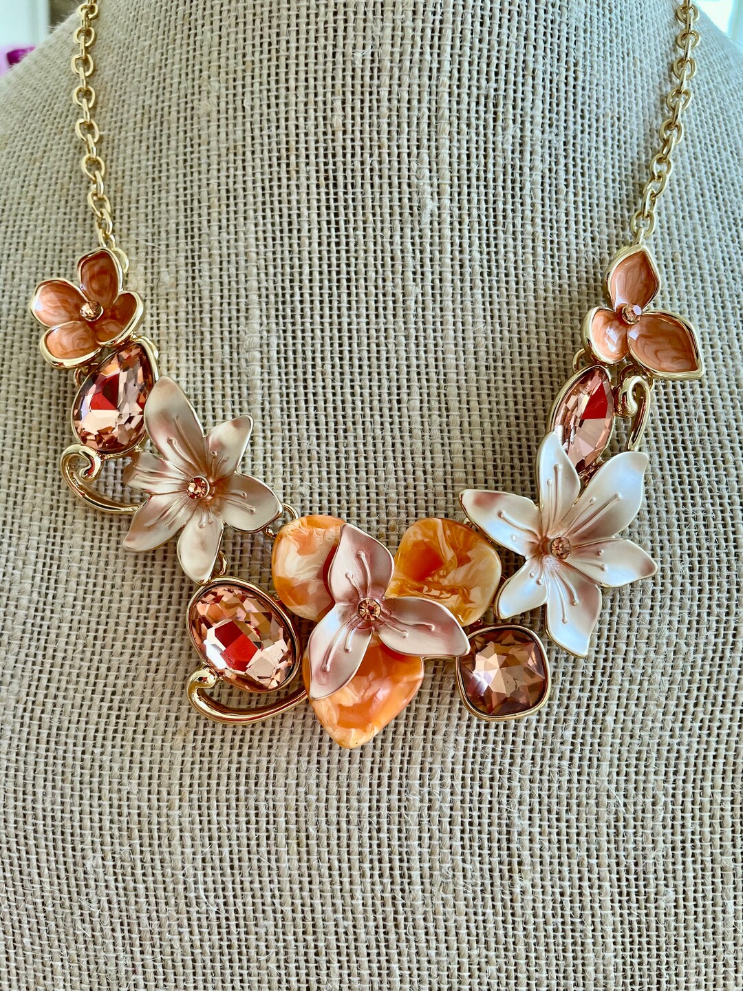 Flower Garden Necklace for Women, Orange Flower Necklace, Coral Flower ...
