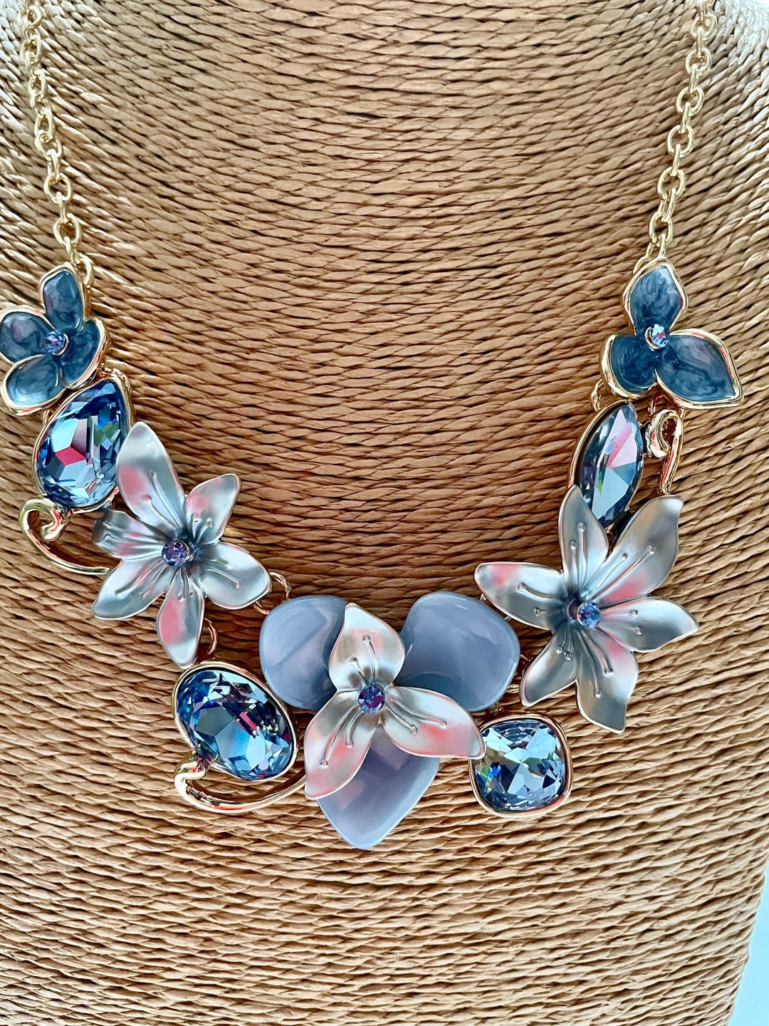 Flower Garden Necklace for Women, Blue Flower Necklace, Navy Blue ...