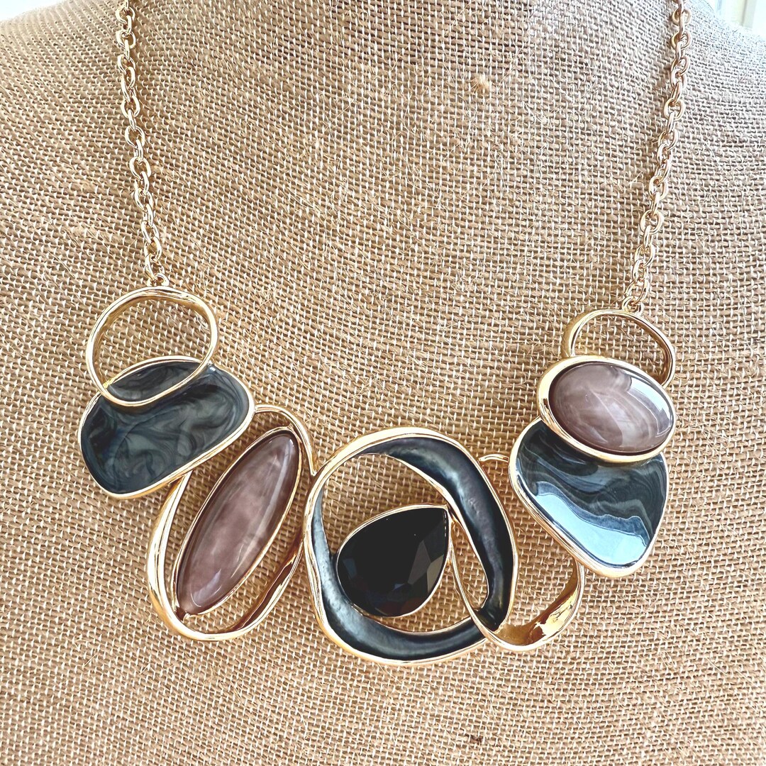 Black & Brown Geometric Enamel Statement Necklace: Gold-Plated Boho ...