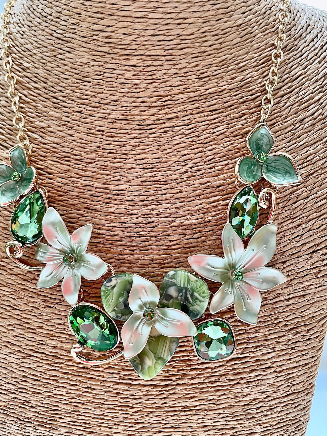 Flower Garden Necklace for Women, Green Flower Necklace, Statement ...