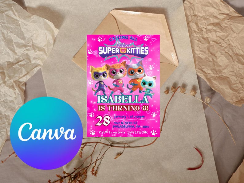 Editable Super Kitty Birthday Invitation | Pink Girl Kitten Party ...