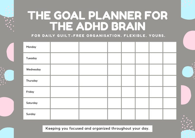 ADHD Goal Planner Digital Download A4 Printable. ADHD Brain. 7 Day ...
