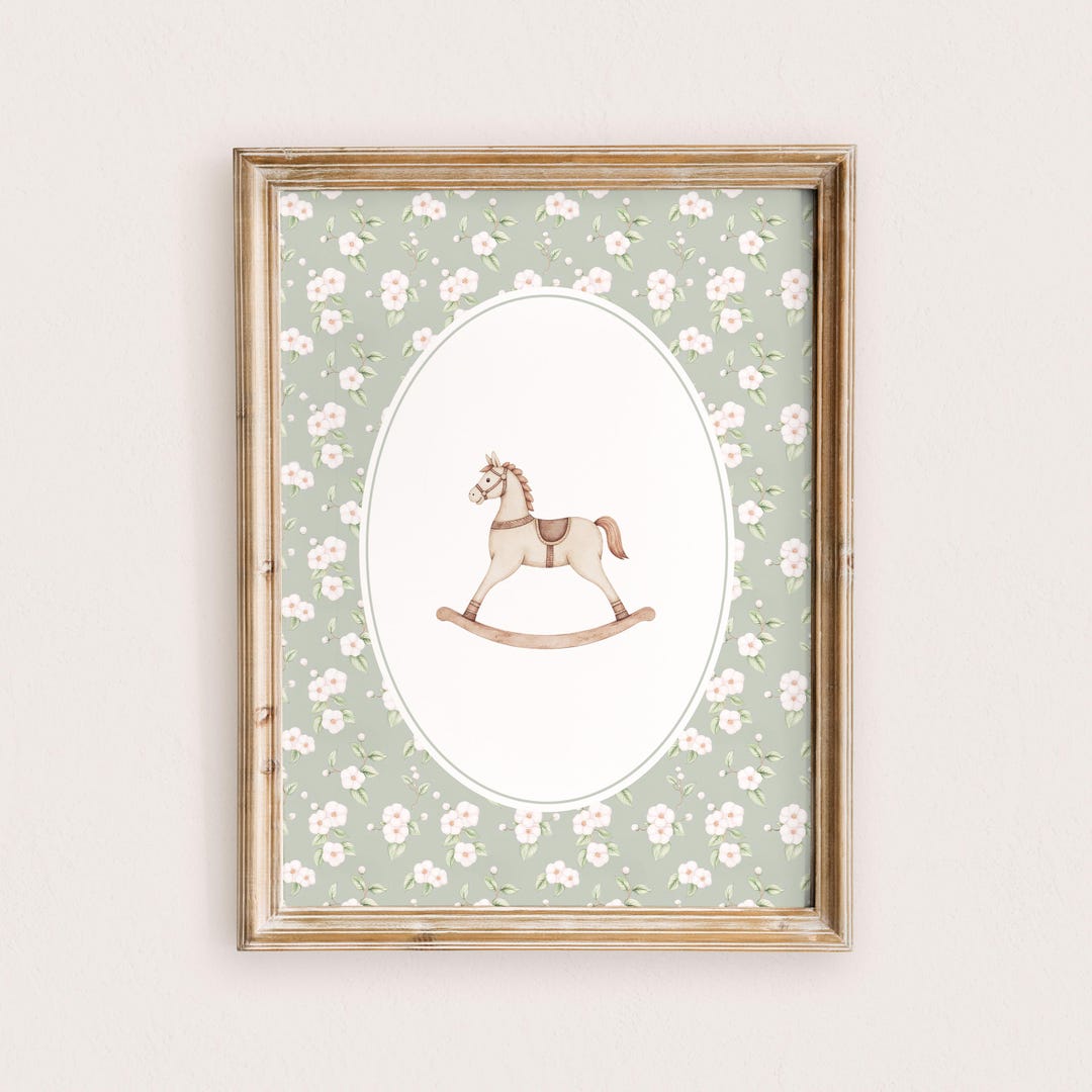 Vintage Nursery Wall Art Sage Green Rocking Horse Printable Wall Décor ...