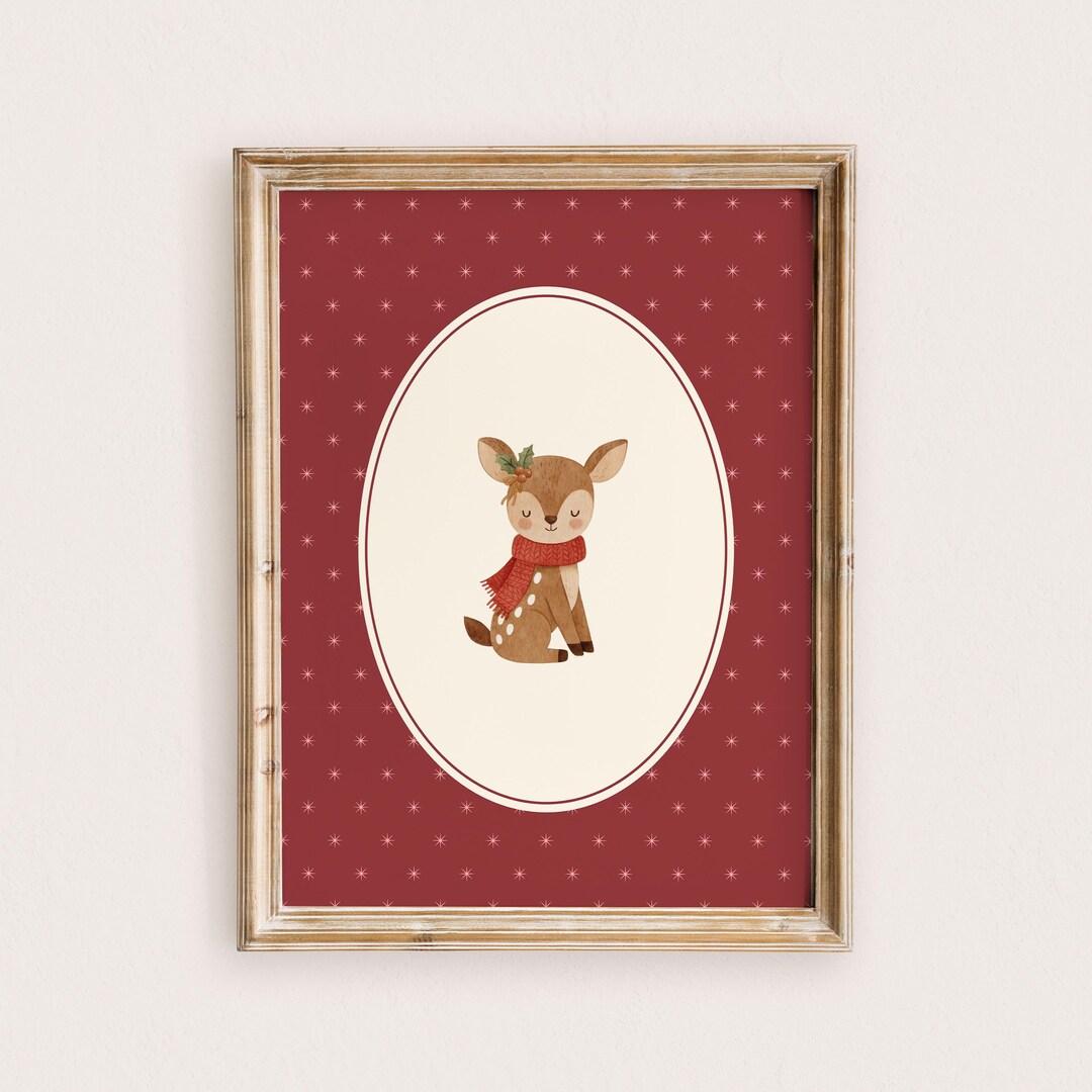 Vintage Christmas Deer Wall Art Woodland Reindeer Nursery Print Neutral ...