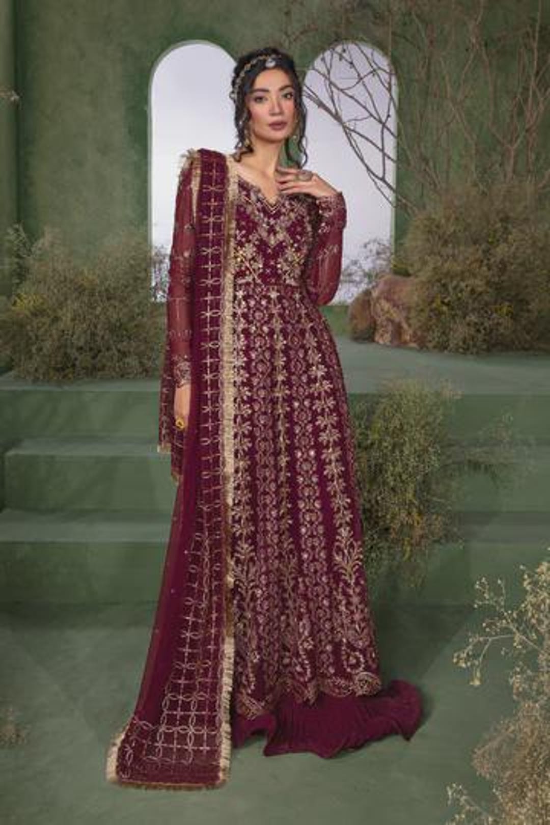 Red Nikah Walima Engagement Outfit Clothes, Handmad Embroidered Gown ...
