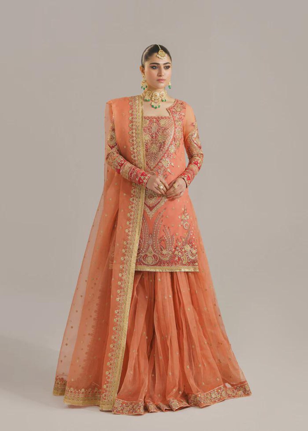Orange Floral Tulle Bridal Dress, Embroidered Lehenga Choli - Etsy