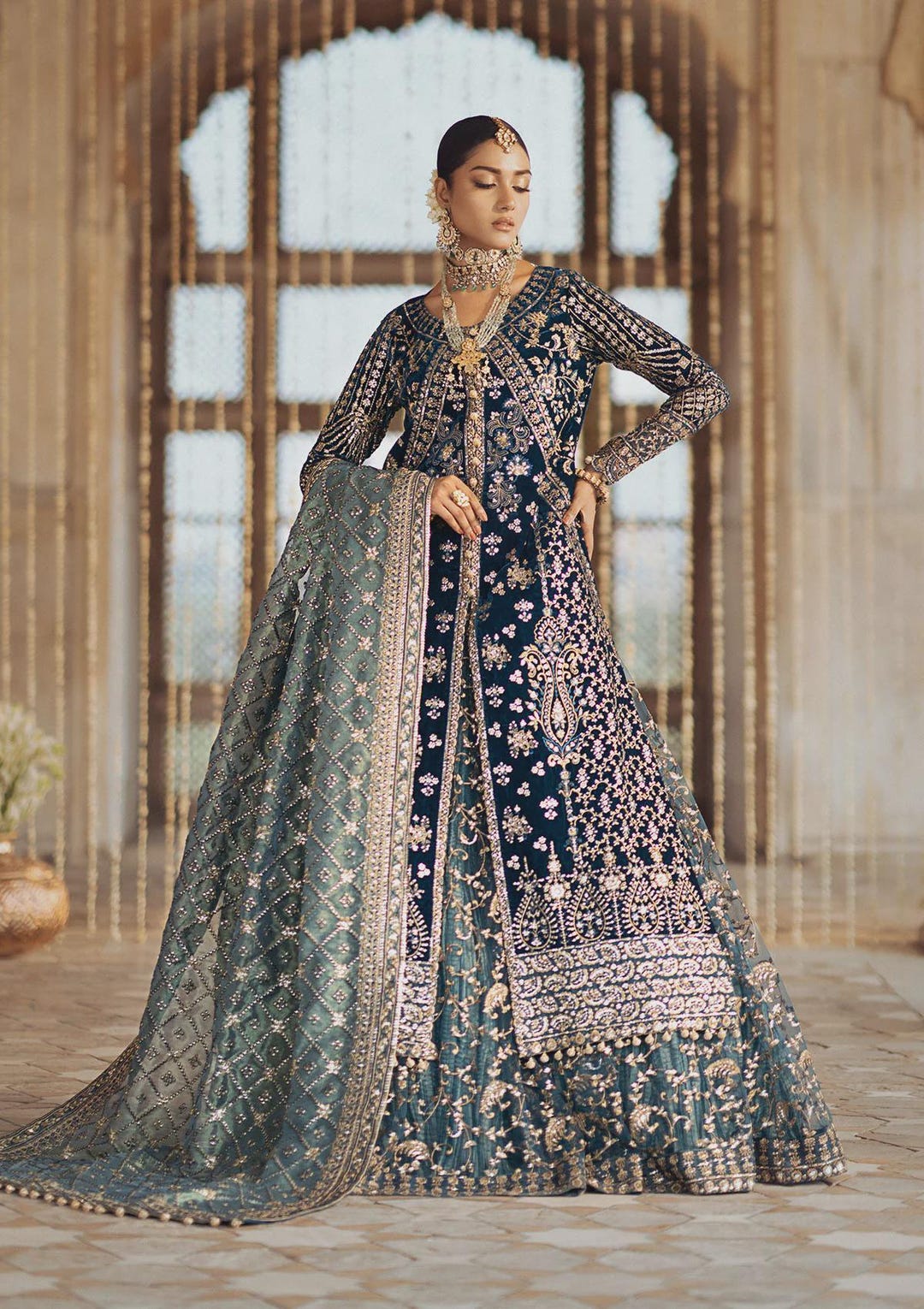 Floral Velvet Wedding Guest Dress for Women, Designer Nikka Mayo Barat ...