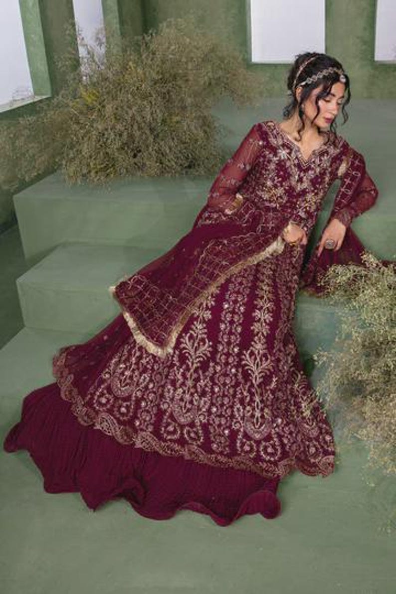 Red Nikah Walima Engagement Outfit Clothes, Handmad Embroidered Gown ...
