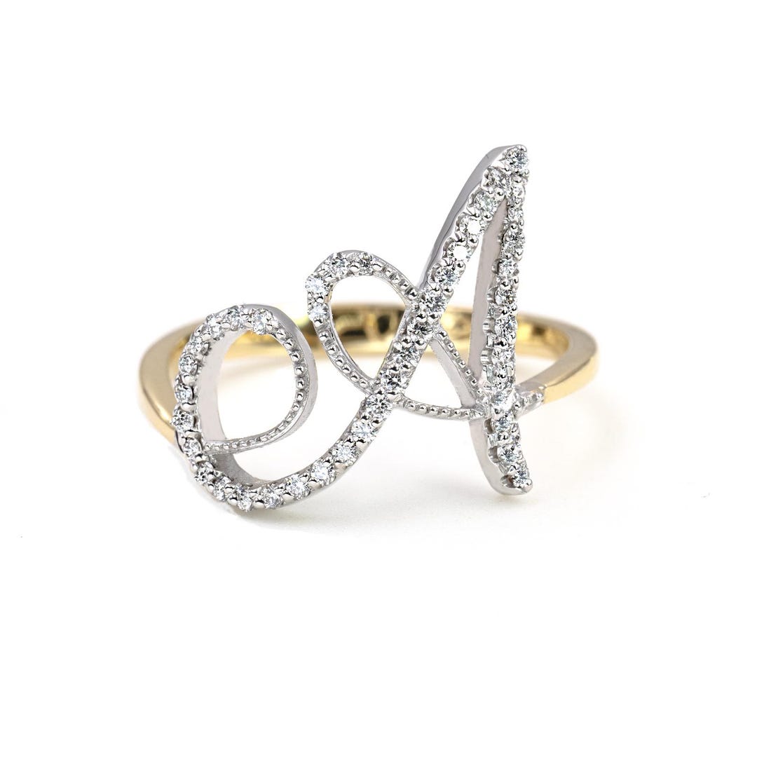 18K White and Yellow Gold Letter "a" Ring With Natural Diamonds ...