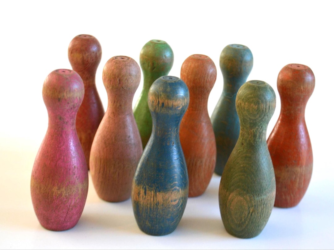Vintage Toy Miniature Wood Bowling Pins Set of 9 - Etsy