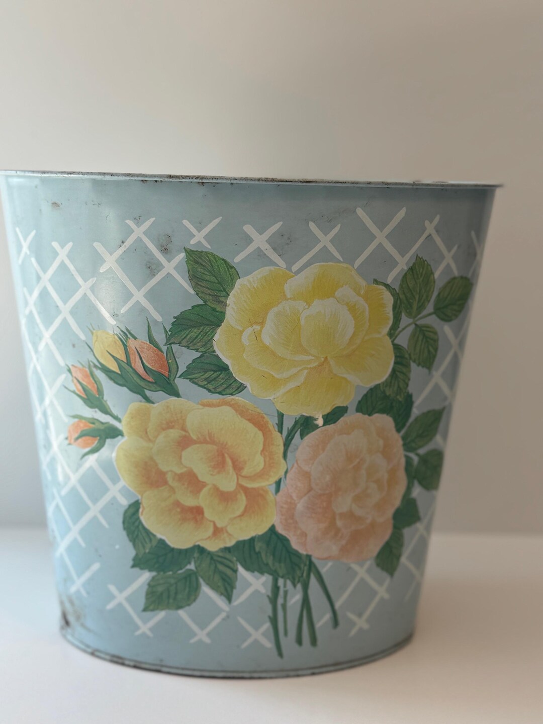 Vintage Midcentury Metal Baby Blue Rose Floral Flowers Trash Can ...