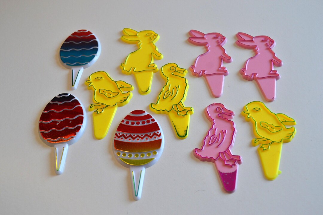 Vintage Plastic Easter Bunny Chicks Eggs Party Cake Cupcake Topper Pick ...