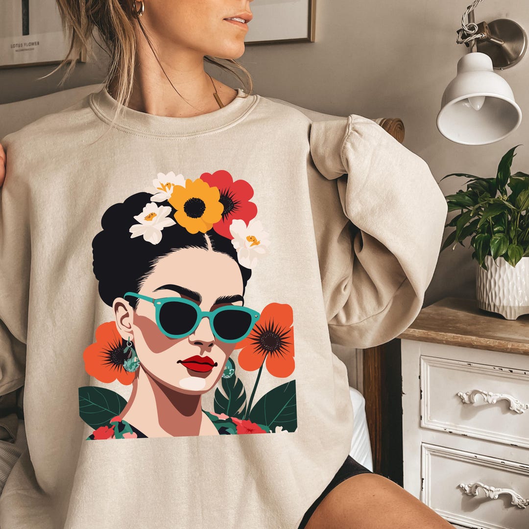 Frida Kahlo inspiriertes Blumenporträt-Sweatshirt | Retro Sonnenbrillen ...