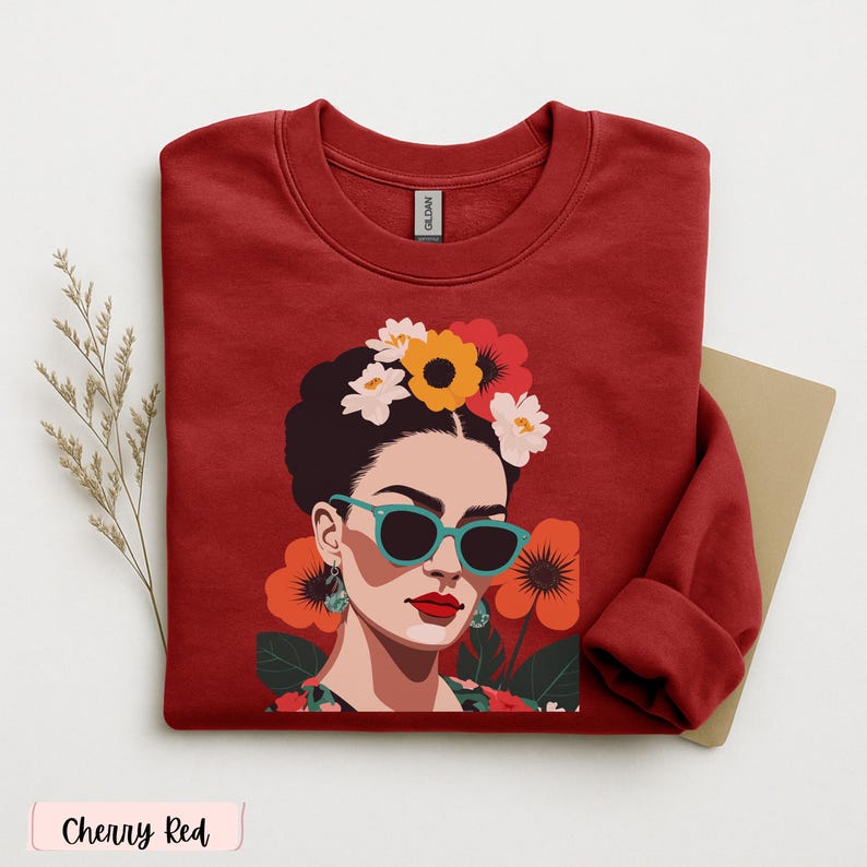 Frida Kahlo inspiriertes Blumenporträt-Sweatshirt | Retro Sonnenbrillen ...