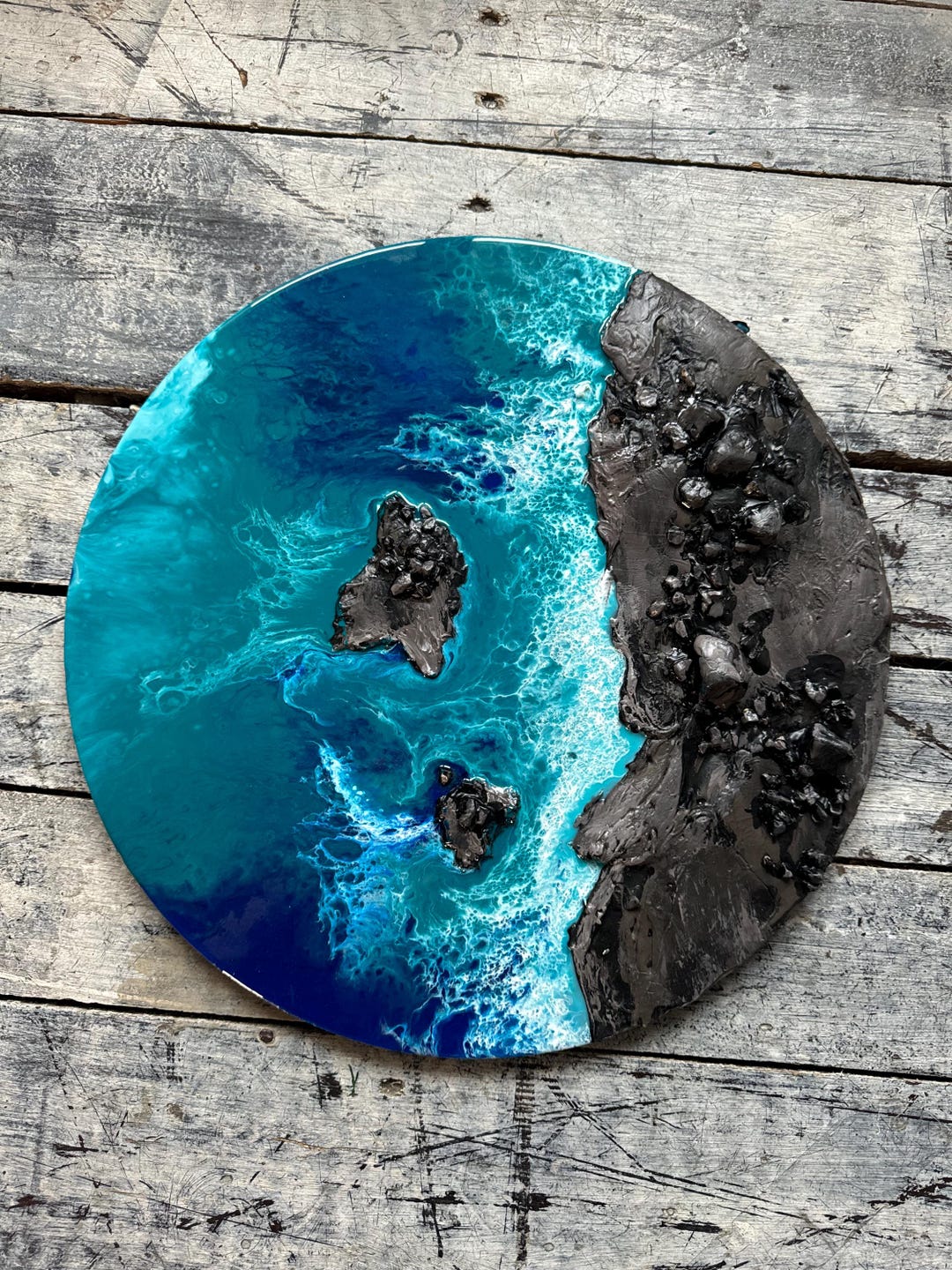 Ocean Resin Wall Art With Rocky Shore Design, Blue Coastal Decor ...