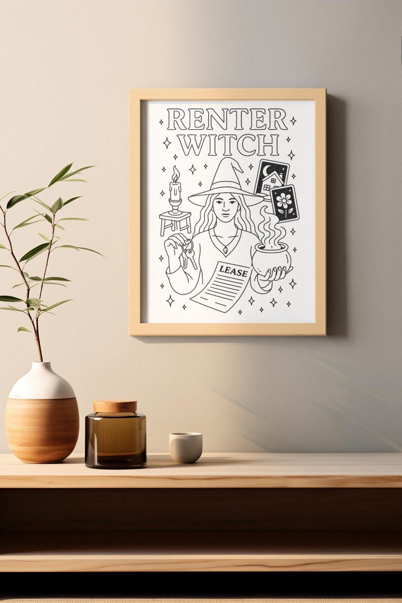 Renter Witch Coloring Page — Printable Apartment Witchcraft Art, Tenant ...