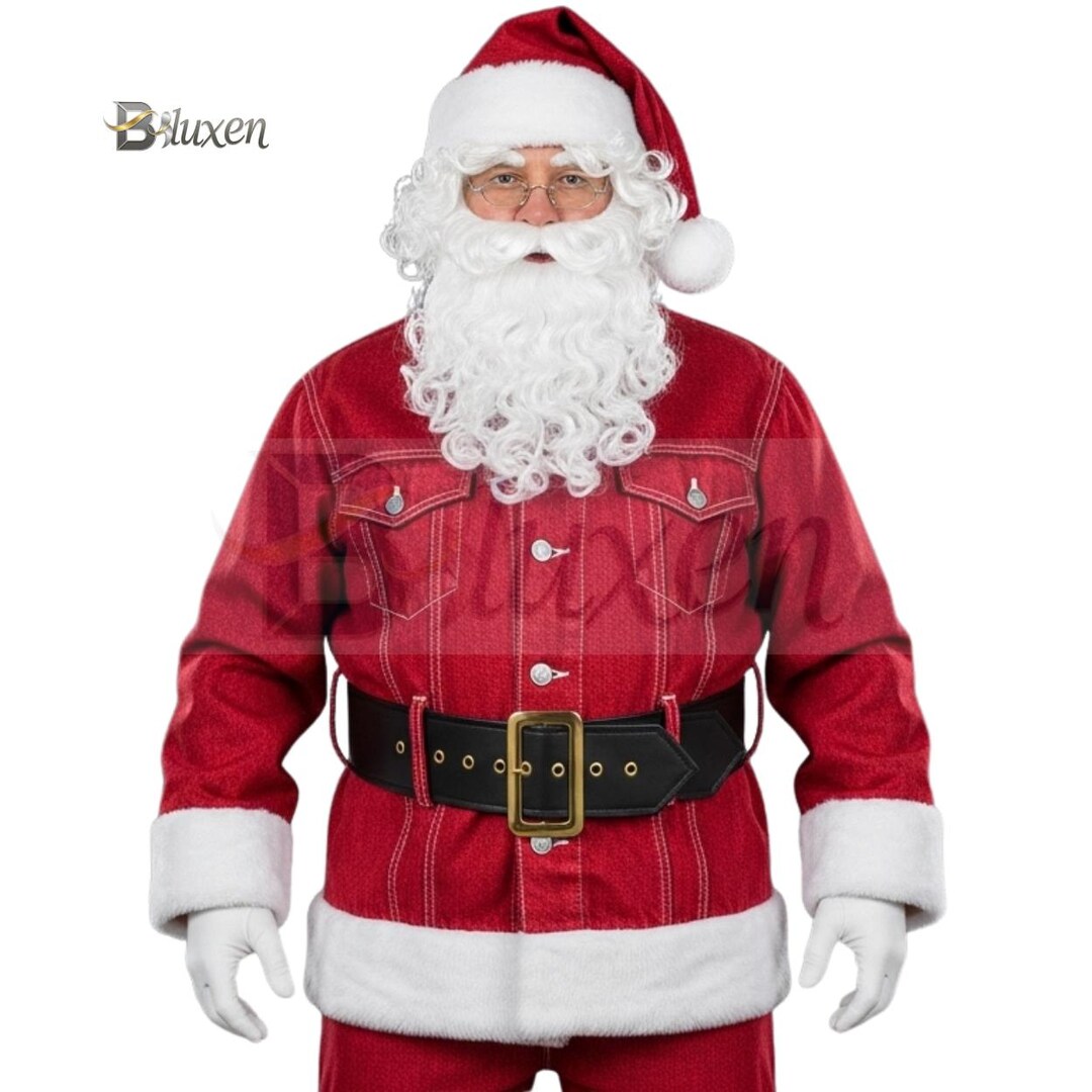 Denim Santa Suit: Red Jacket & Cap Set With Fur Trim - Etsy