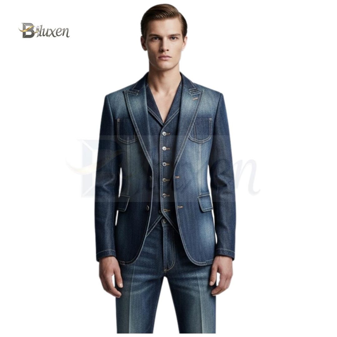 Men’s 3 Piece Denim Suit – Formal Blazer, Vest & Pants Set - Etsy