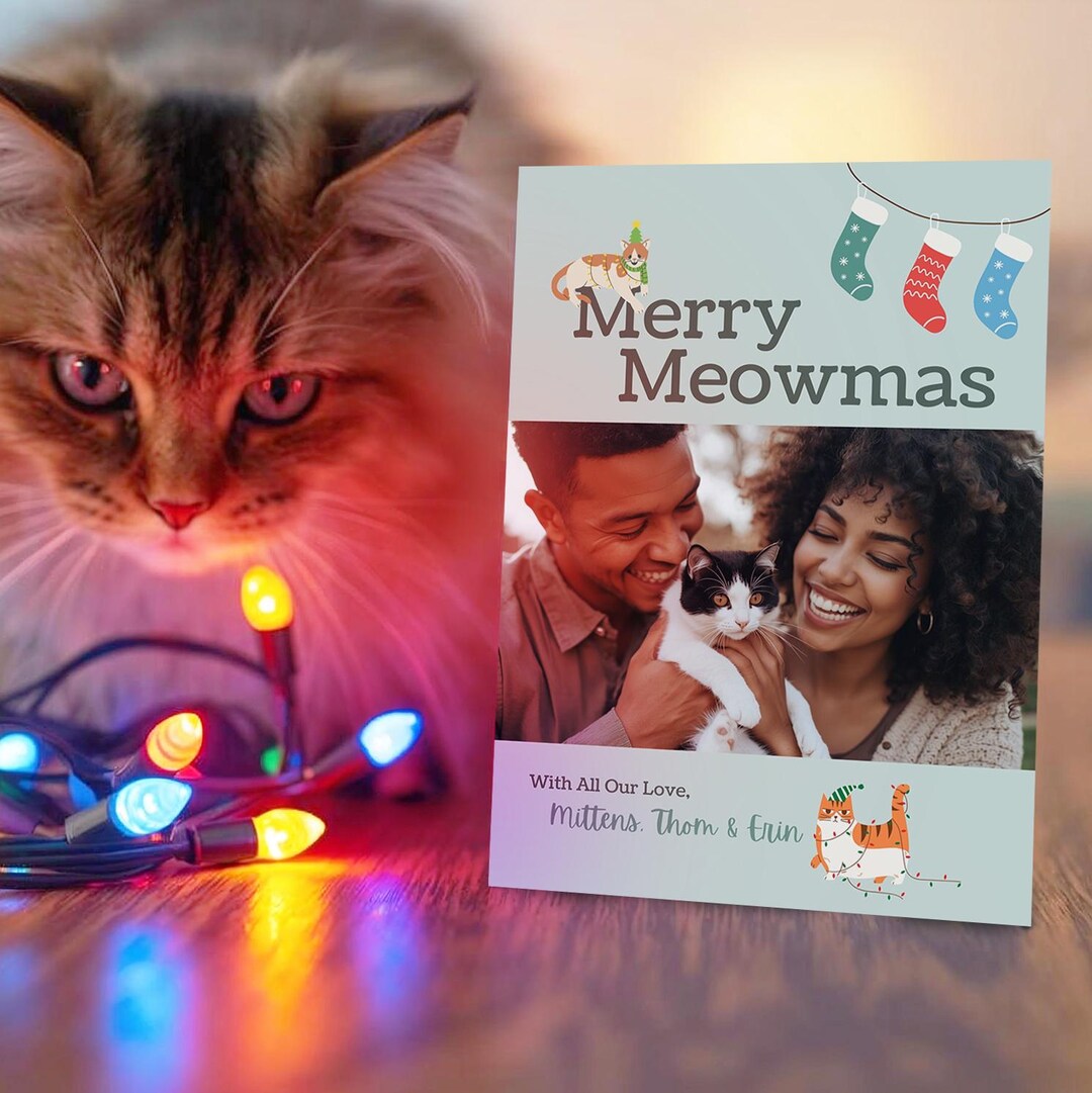 Merry Meowmas Cat Christmas Card Funny Photo Holiday Card Template ...