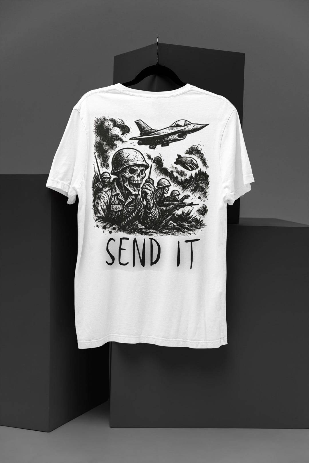 Send It Military Tee: Tactical Skull Soldier and Fighter Jet Graphic ...