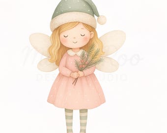 Christmas Fairy Clipart PNG – Cute Watercolor Fairy Girl in Santa Hat ...