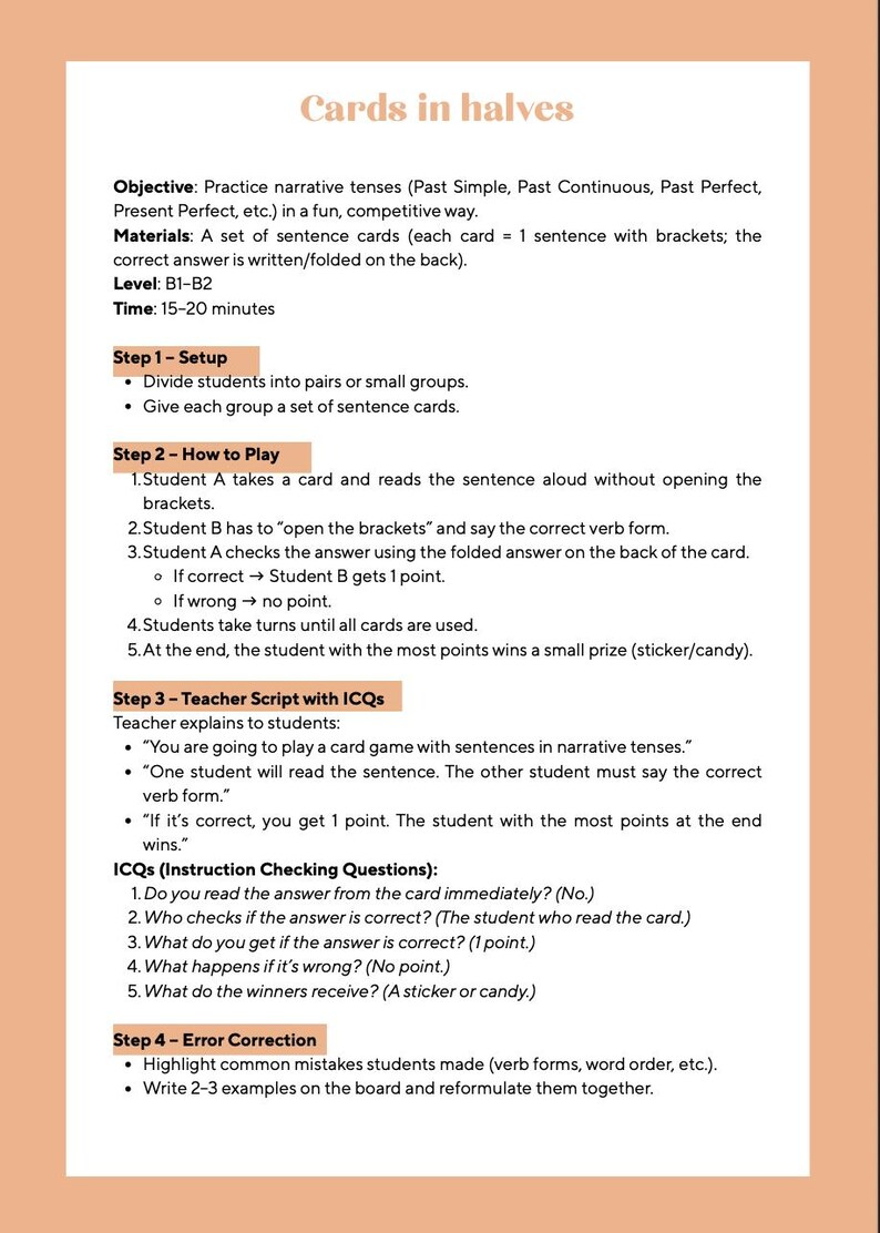 B1 Verb Tenses Bundle | Printable PDF With Teacher Instructions - Etsy