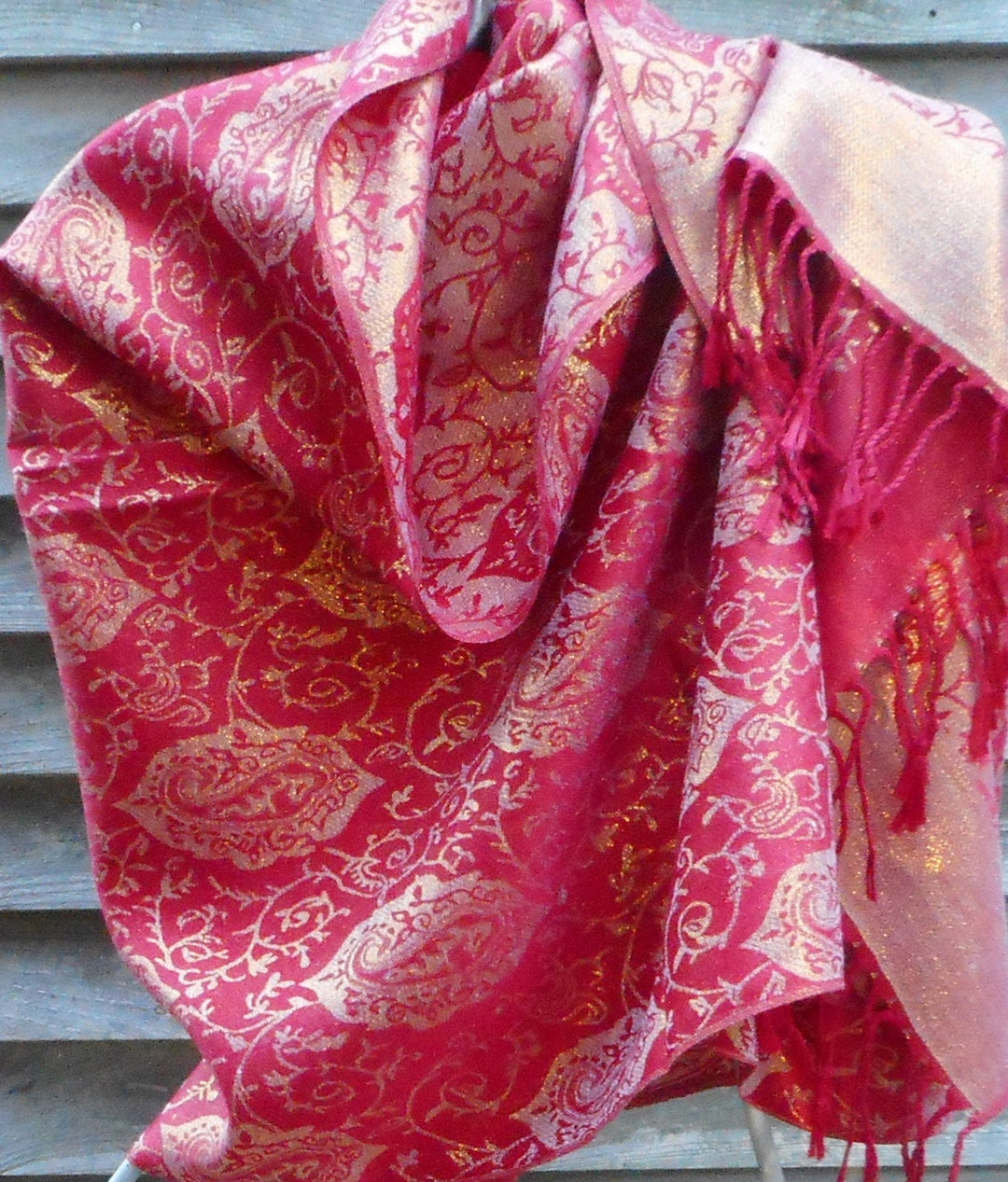 Rave Pashmina, Tomato Red and Gold Shawl,burning Man, Glitzy Pashmina ...