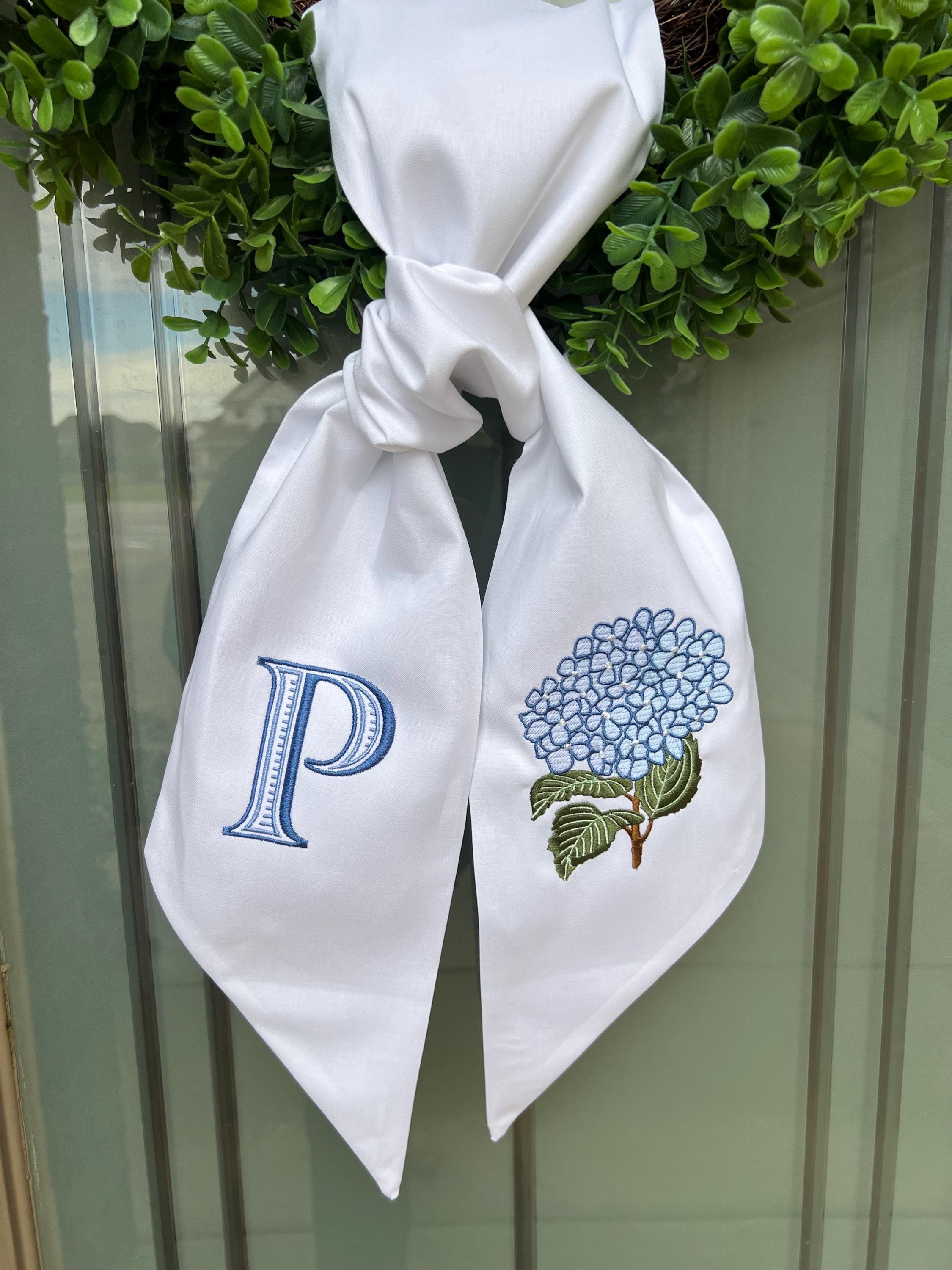 Wreath Sash With Blue Hydrangea | Monogrammed Door Hanger | Elegant ...