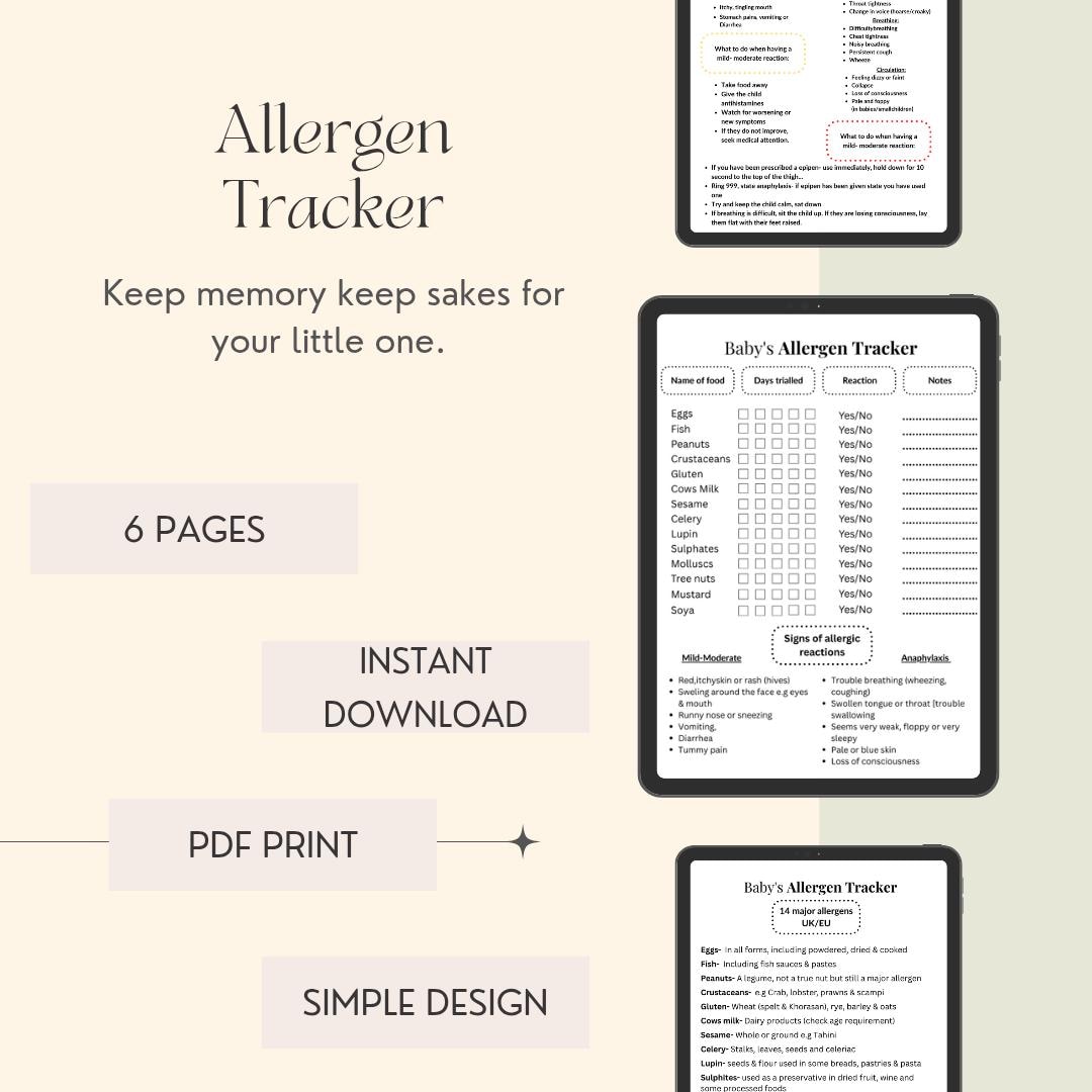 Baby Allergen Tracker Printable | Digital | 14 Major Food Allergies ...