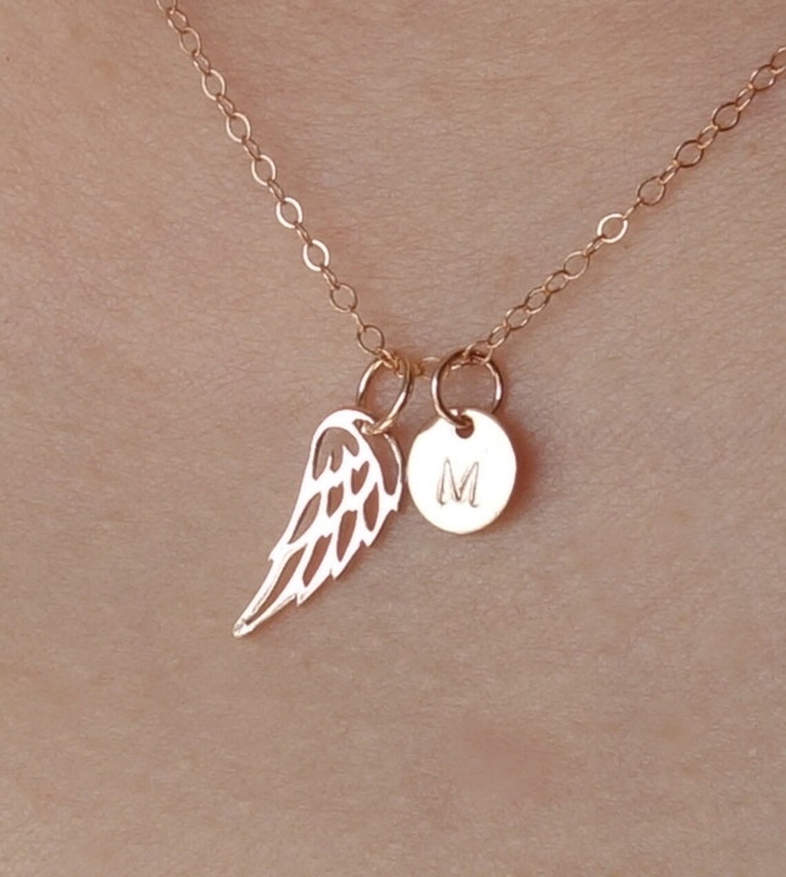Memorial Rose Gold Angel Wing Necklace Dainty Initial Disc - Etsy