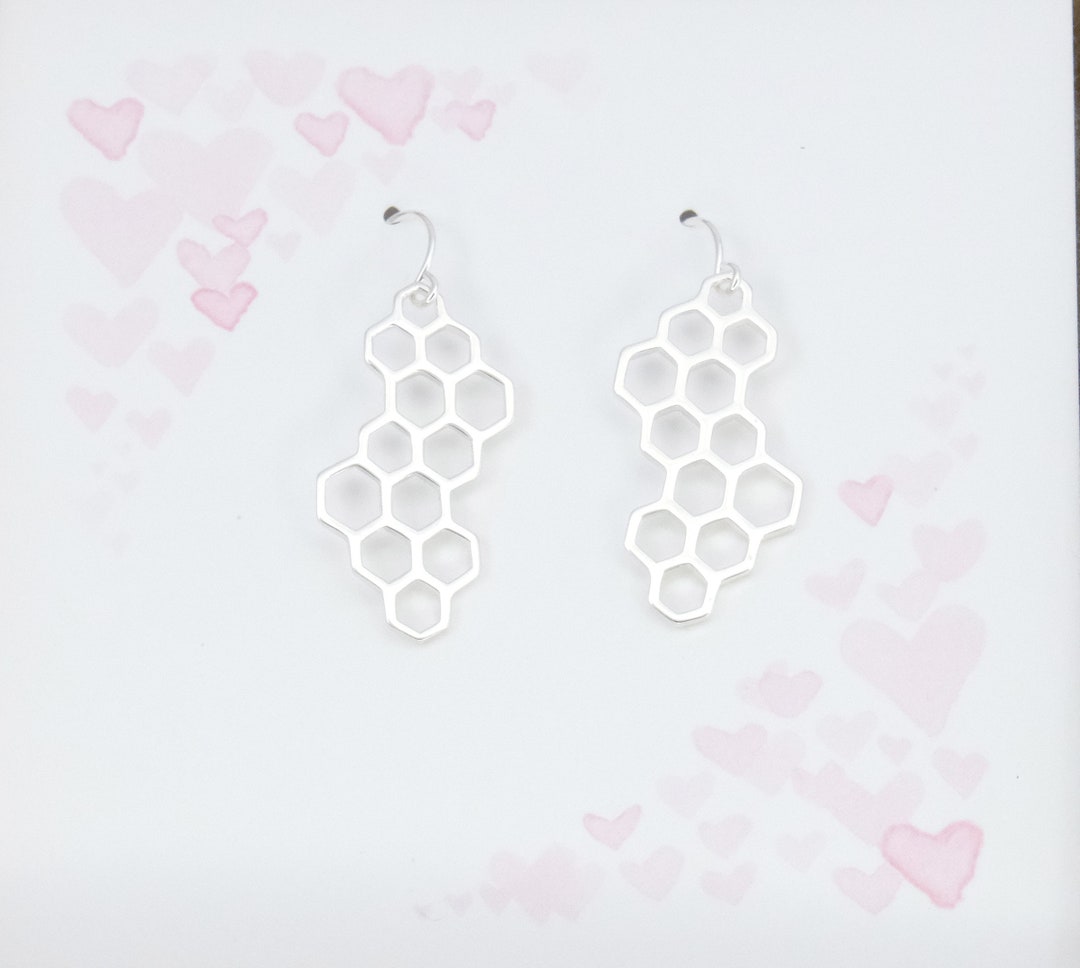 Silver Honeycomb Earrings Dangle Bee Jewelry Bee Earrings Solid Silver Honeycomb Cutout Earrings ...
