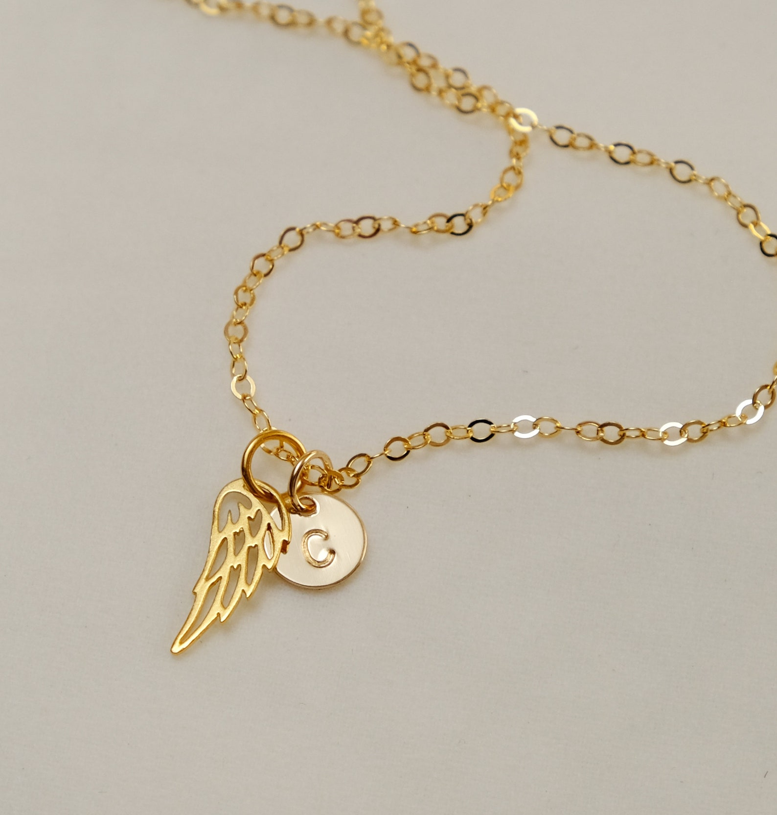Rose Gold Angel Wing Necklace Dainty Initial Disc | Etsy