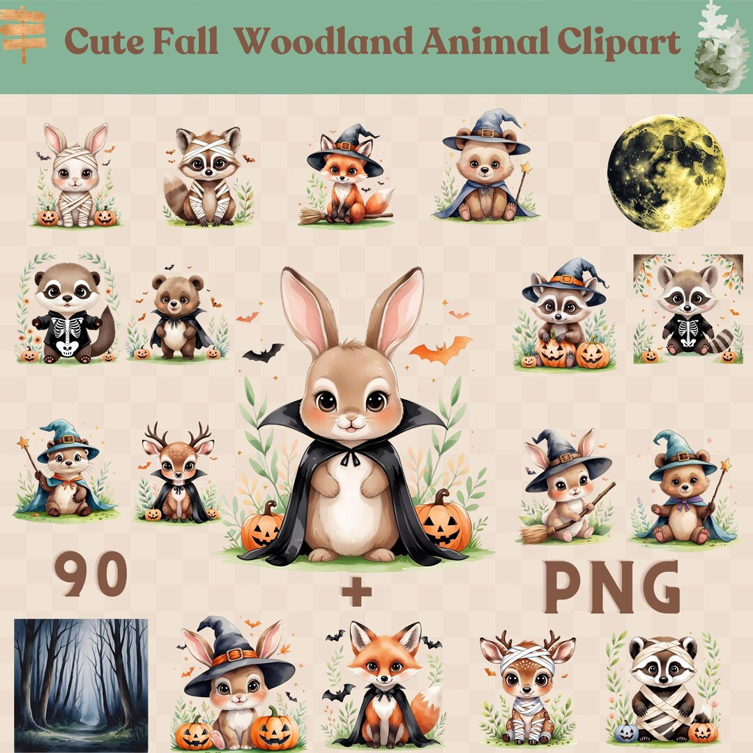 90 Cute Fall Woodland Animal Clipart | Halloween Forest Animals PNG ...