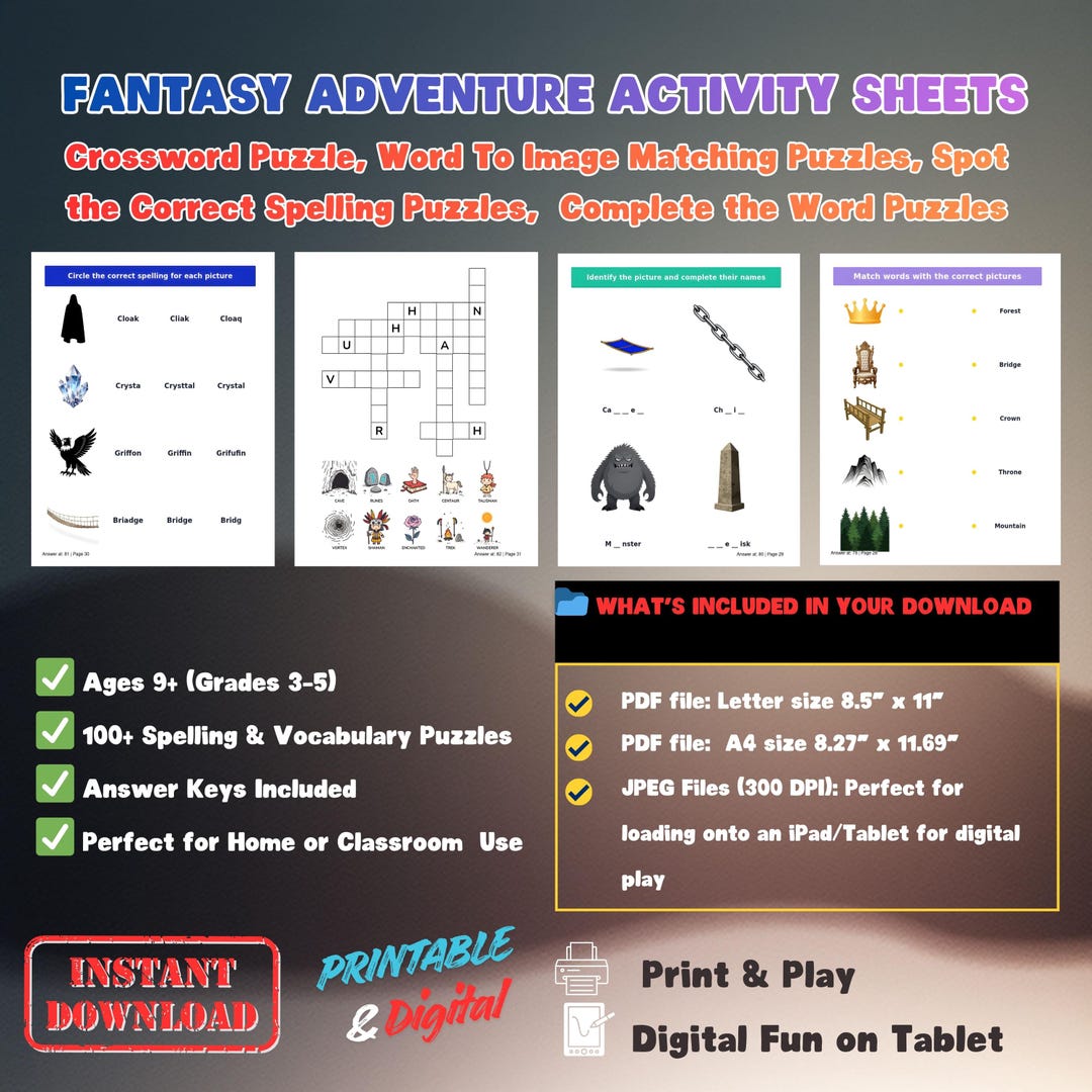 Fantasy Adventure Activity Book for Kids 9+, RPG Crossword & Spelling ...