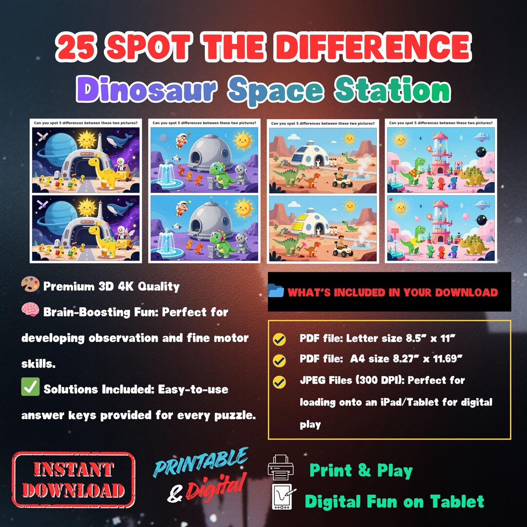 25 Dinosaur Space Station Spot the Difference Puzzles, Printable Kids ...