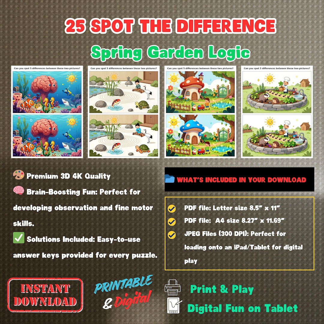 Spring Spot the Difference Printable, Nature Logic Puzzle Games ...