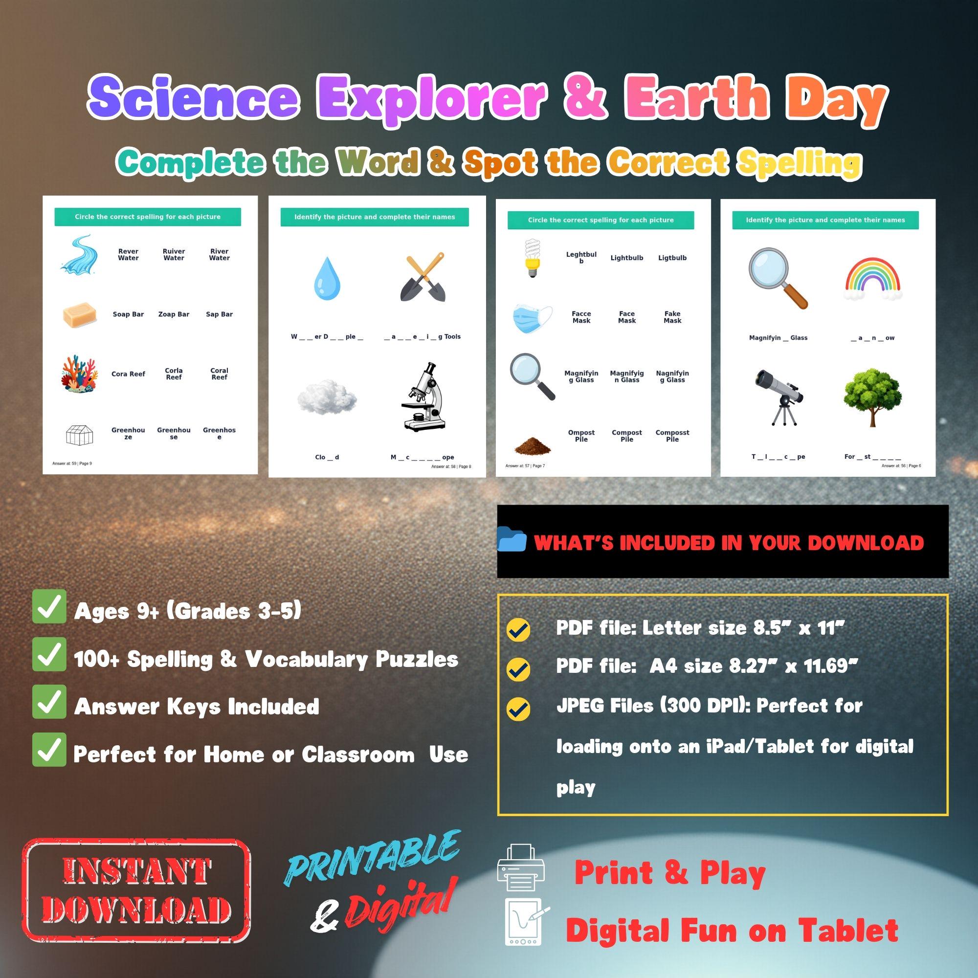 Earth Day Science Worksheets for Kids 9+, Spelling & Vocabulary Puzzles ...