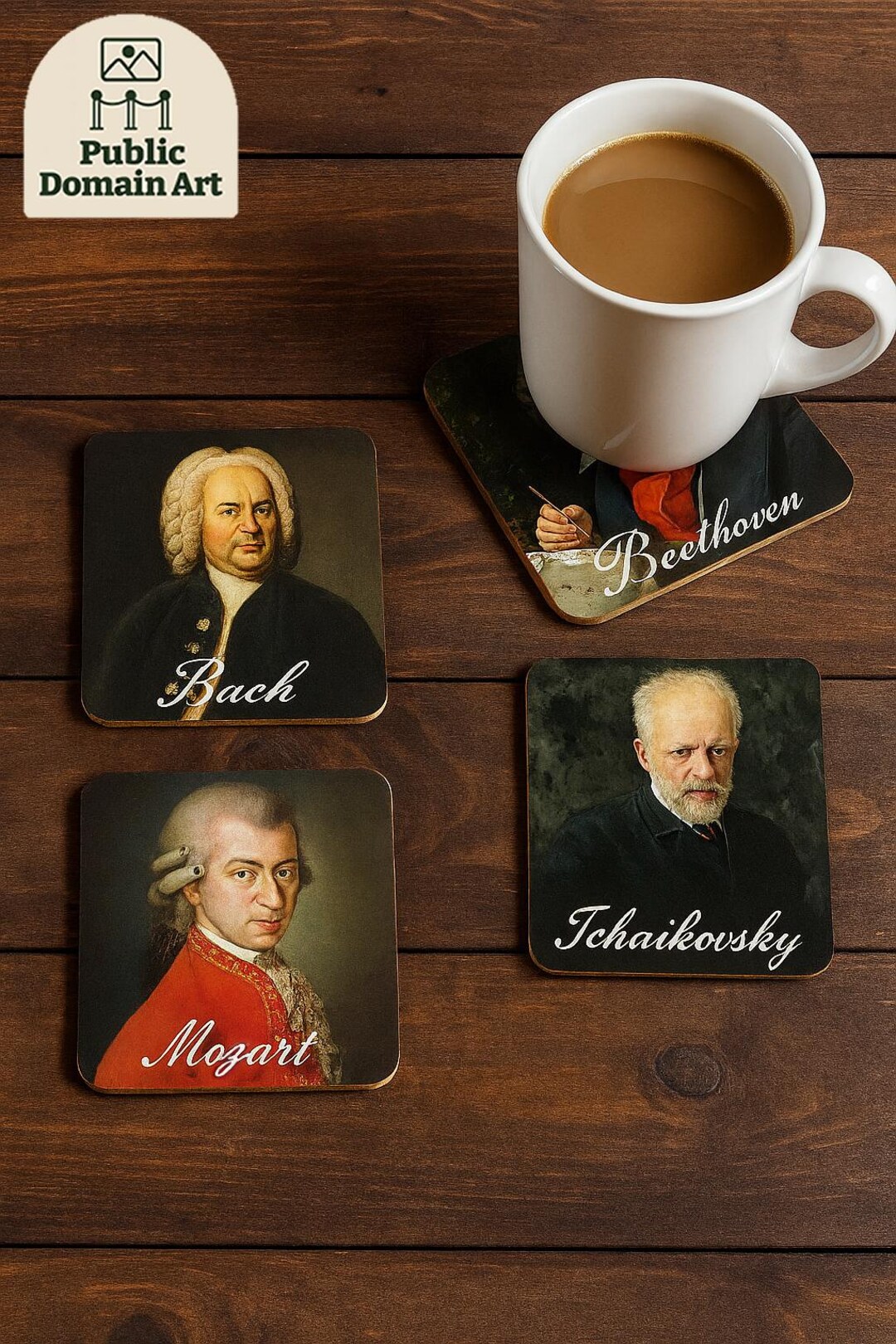 Classical Composers Coaster Set: Beethoven, Bach, Mozart, Tchaikovsky ...