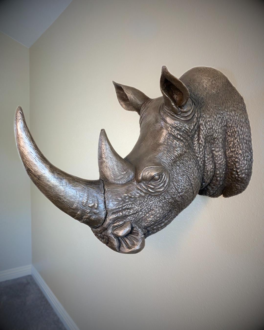 Large Bronze Rhinoceros Rhino Head Sculpture Wall Mount Statue - Lodge ...