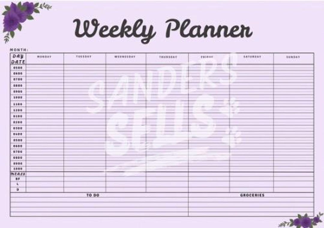 Dark Purple Floral Weekly Planner: Vertical Layout (digital Print ...
