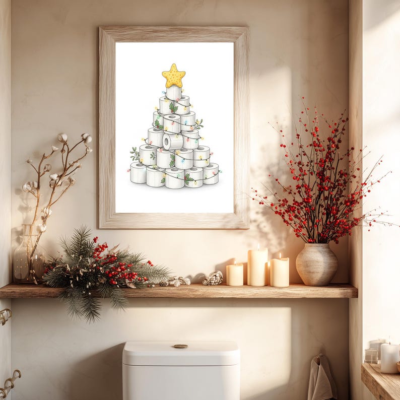 Toilet Paper Christmas Tree Wall Art, Funny Holiday Bathroom Printable ...
