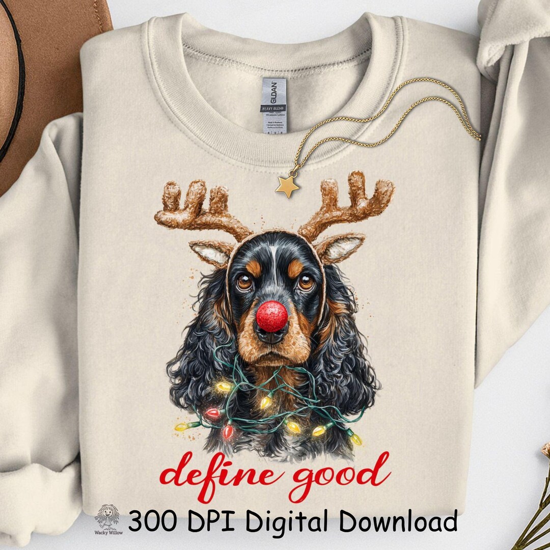 Christmas Cocker Spaniel Reindeer PNG – Holiday Lights Dog Art –funny ...